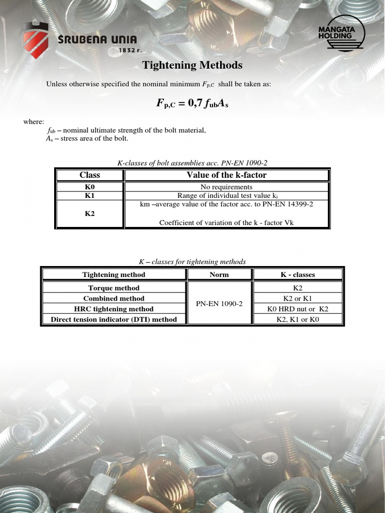 Tightening Methods: Class Value of The K-Factor | PDF | Screw | Tools