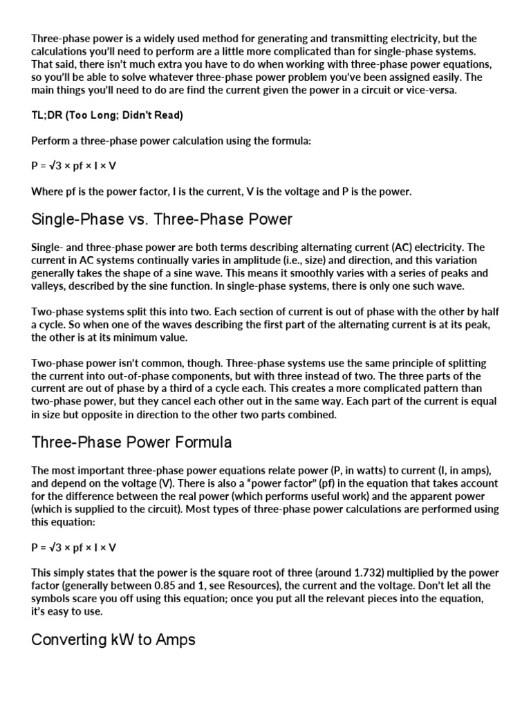 3-Phase Power Calculation | PDF | Alternating Current | Watt
