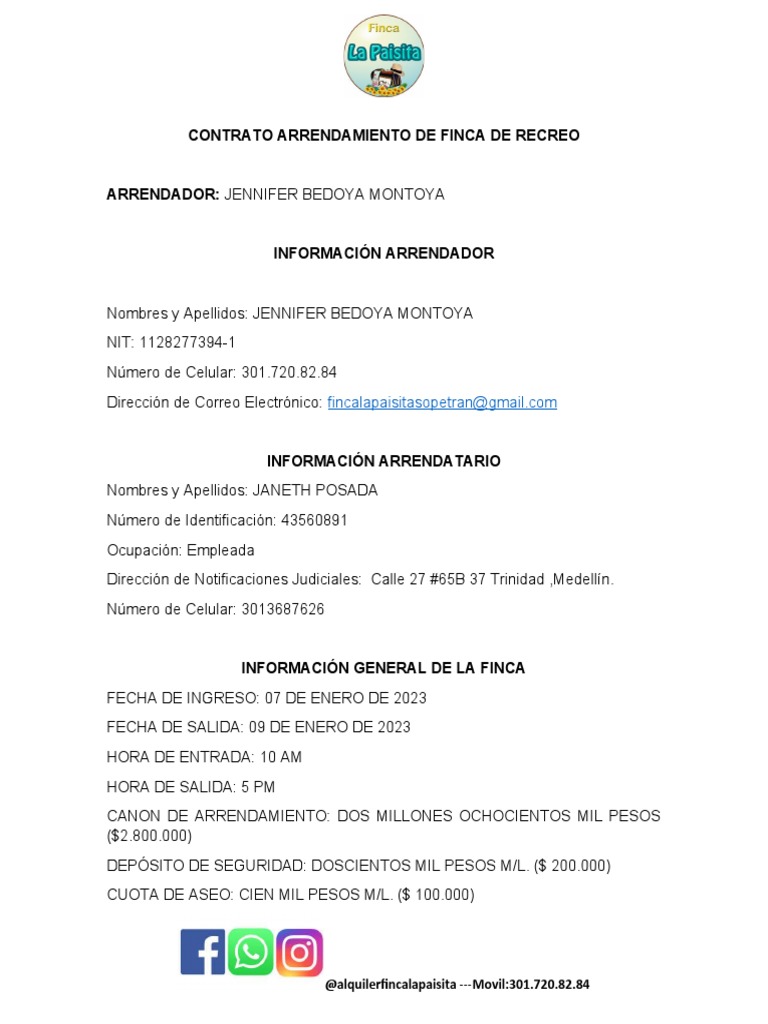 Contrato de arrendamiento de finca de recreo en Sopetrán, Antioquia ...