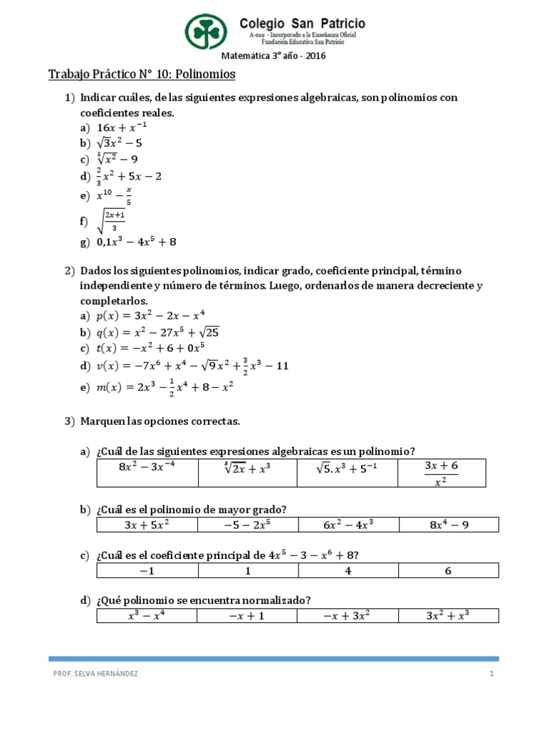 Trabajo PR Ctico No 10 Polinomios | PDF | Proporción | Matemáticas