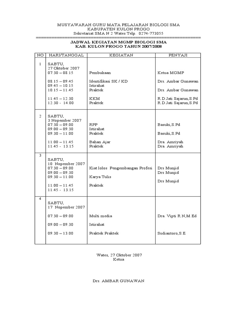 Jadwal MGMP Biologi SMA Kulon Progo | PDF