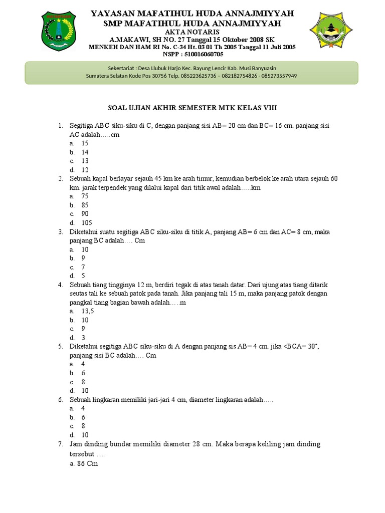 Soal MTK Kls 8 Pondok | PDF