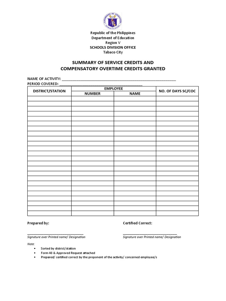 Summary of Service Credits and Compensatory Overtime Credits Granted | PDF