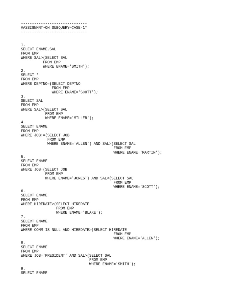 SQL Subquery Practice Questions | PDF