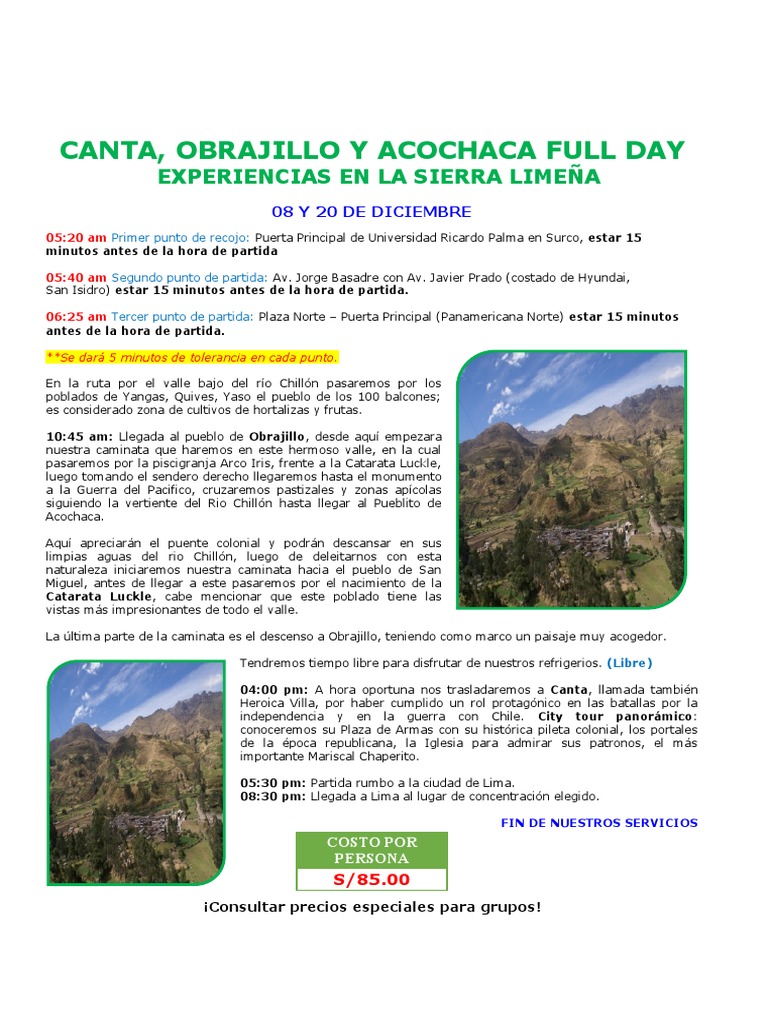 Full Day Canta, Obrajillo y Acochaca - Tour Compartido - 08 y 20 ...