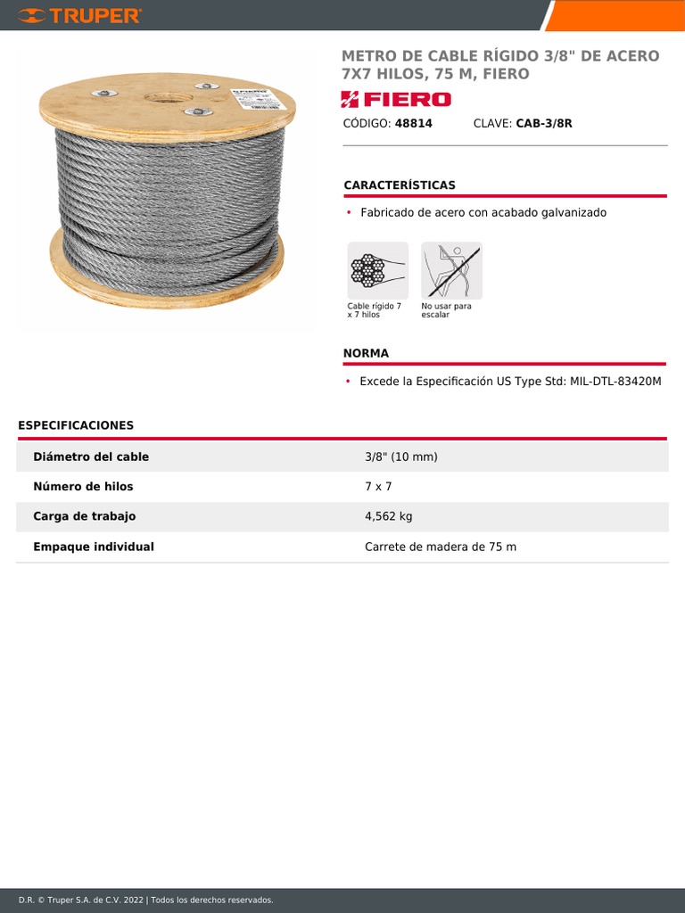 Ficha Técnica Cable Acero 3/8" Galvanizado | PDF