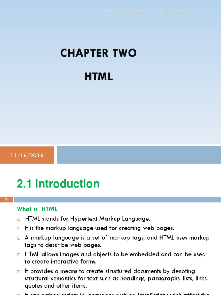 Chapter Two HTML: Internet Programming Compiled By:tadesse K | PDF | Html | Html Element
