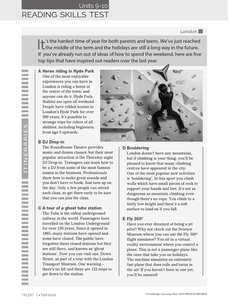 Talent Level 1 Reading Skills Tests Unit 9 10 | PDF