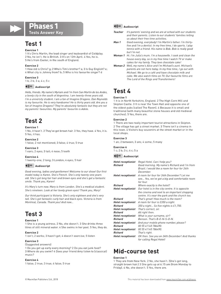 Phases 1 2nd Ed Tests Answer Key - U1 Mid-Course | PDF