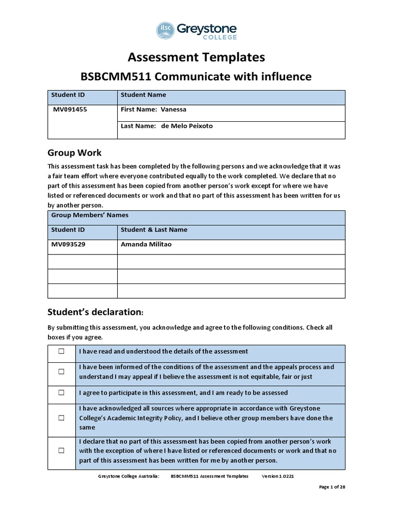 Bsbcmm511 Assessment Templates v1.0221 Assessment Vanessa 1 PDF | PDF ...