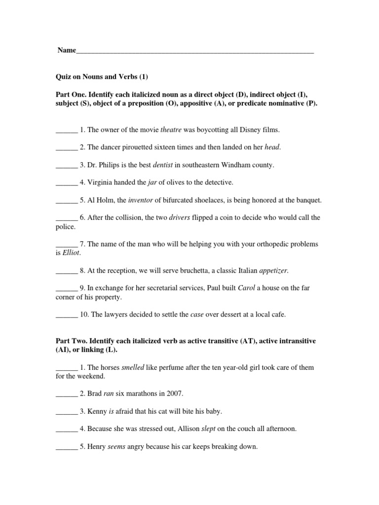 Nouns and Verbs Quiz | PDF | Verb | Object (Grammar)