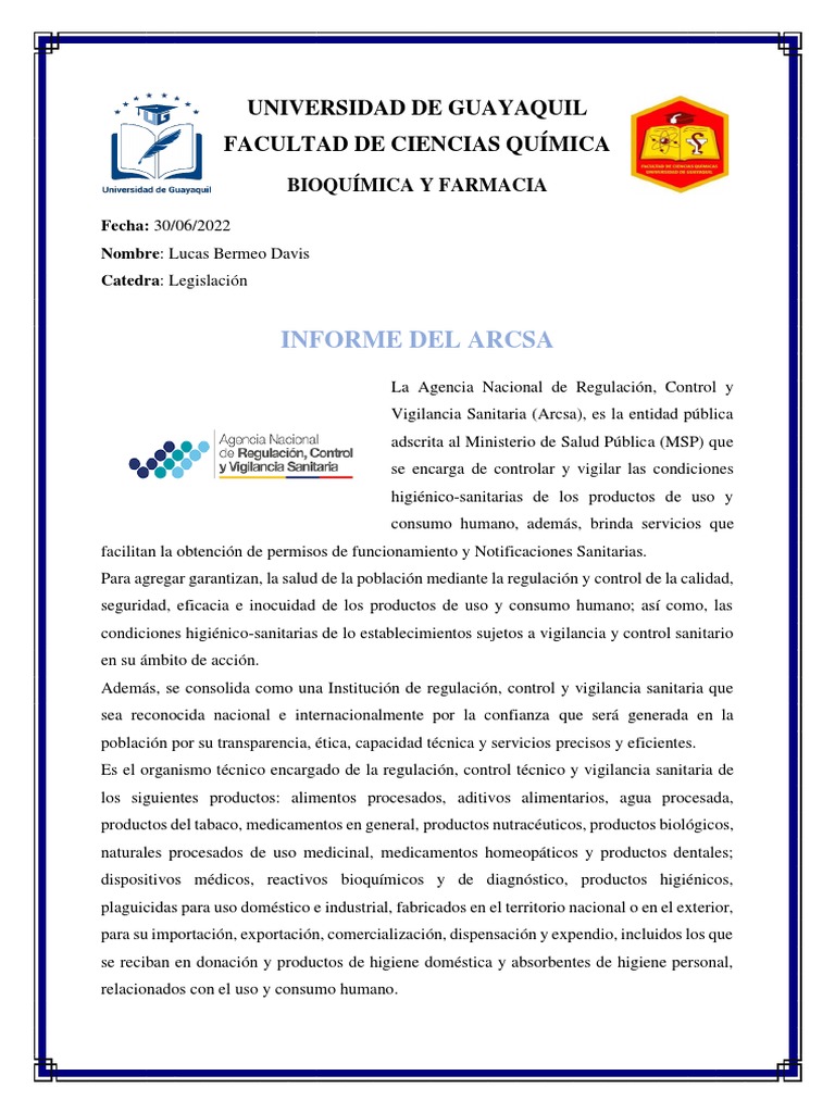 Informe Del Arcsa | PDF | Farmacia | Ciencias de la Salud