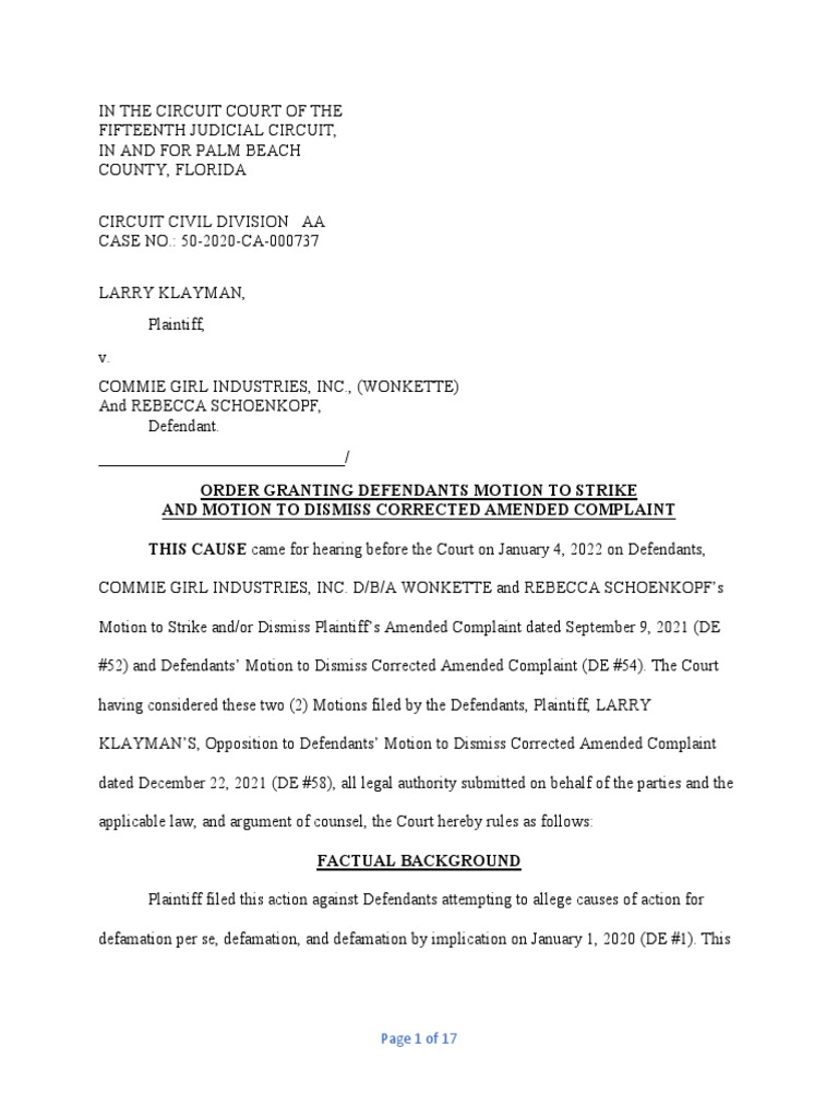 Larry Klayman v. Wonkette Dismissed With Prejudice | PDF | Complaint ...