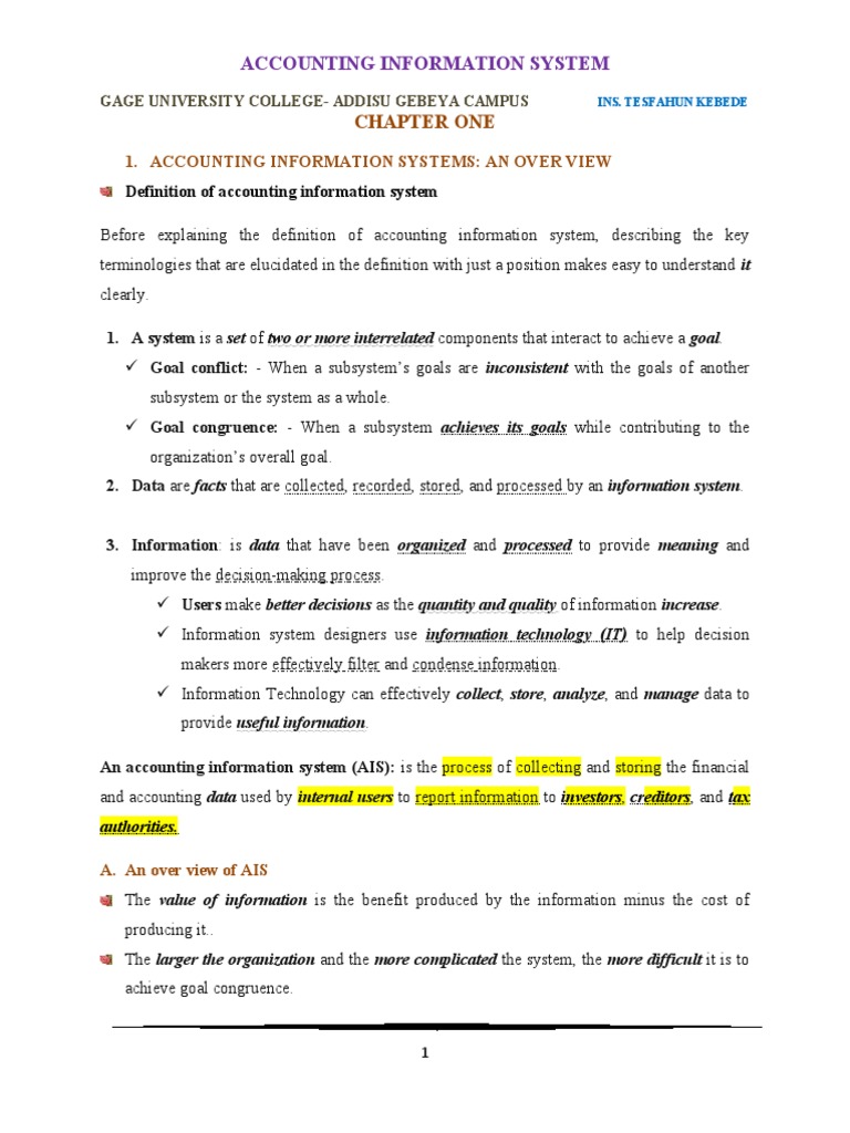 CHAPTER ONE Accounting Information System - TESFAHUN | PDF ...
