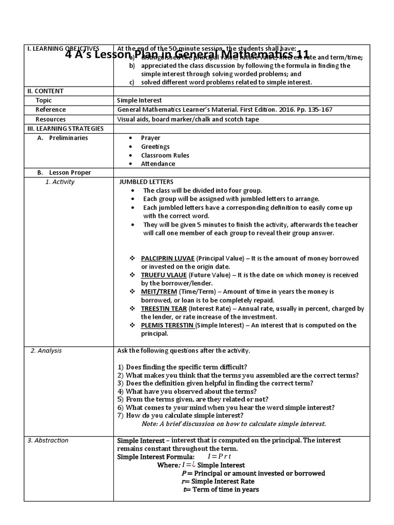 4 A's Lesson Plan in General Mathematics 11: 1. Activity | PDF ...