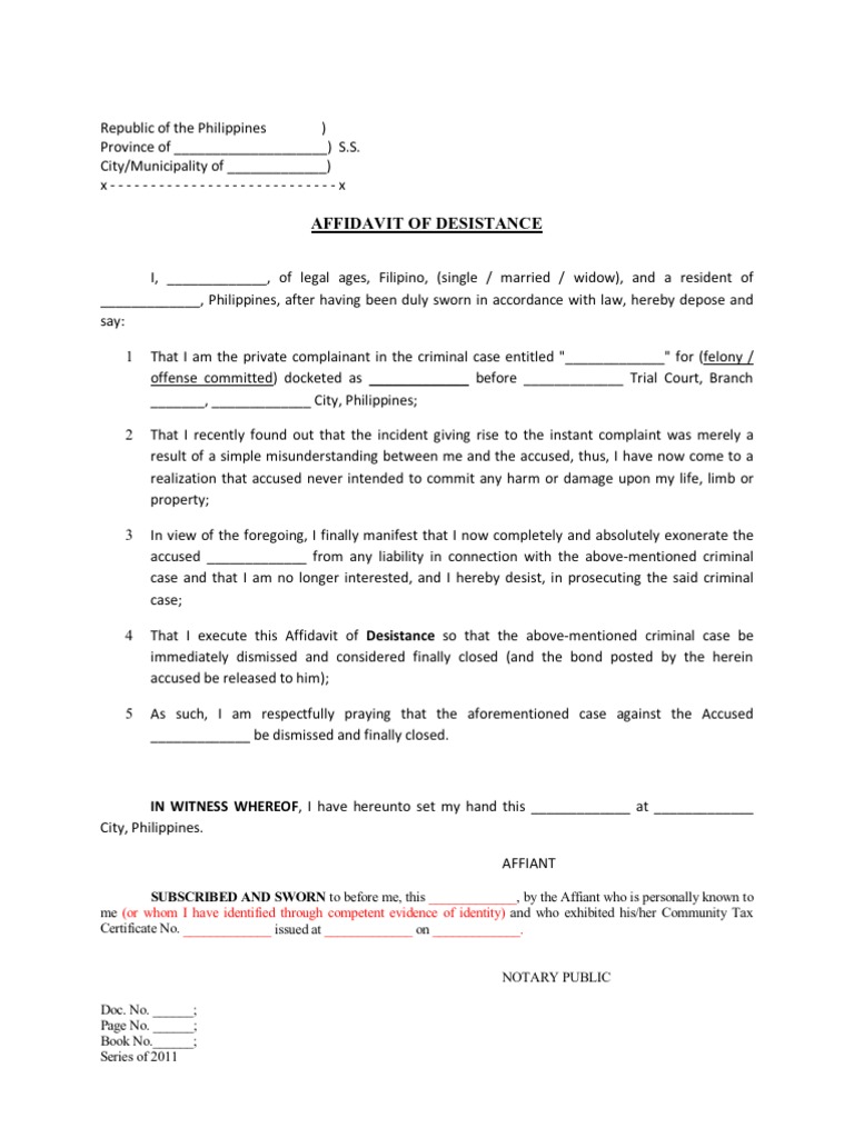Affidavit of Desistance