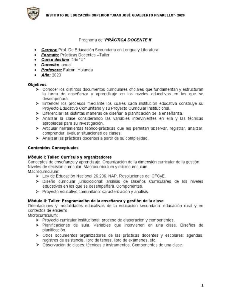 Programa de Prof. en Lengua y Literatura - Practica Docente II | Descargar gratis PDF | Método ...