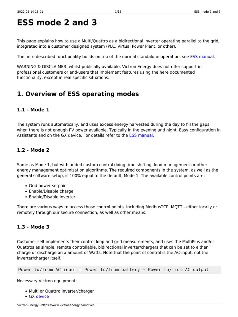 ESS Mode 2 and 3: 1. Overview of ESS Operating Modes | PDF | Battery ...