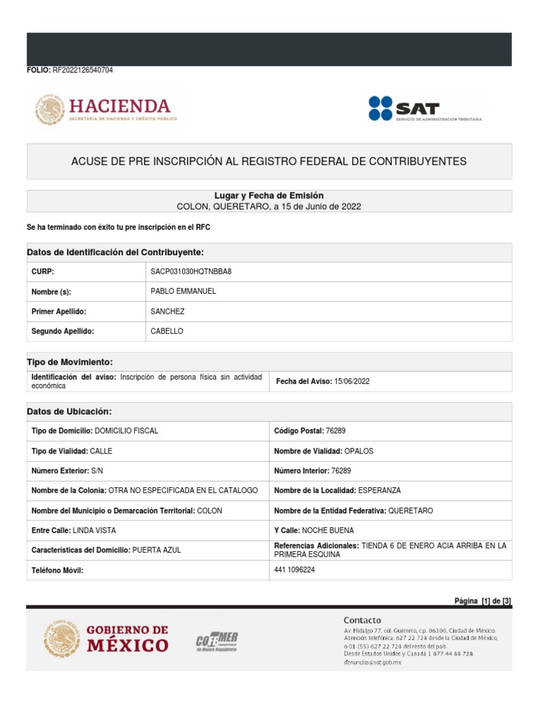 Acuse de Pre Inscripción Al Registro Federal de Contribuyentes | PDF ...