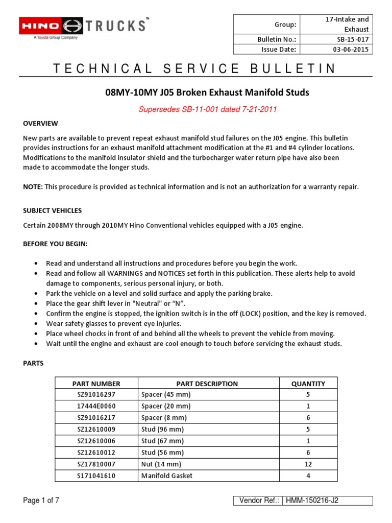 SB-15-017 08MY - 10MY J05 Broken Exhaust Manifold Studs | PDF ...