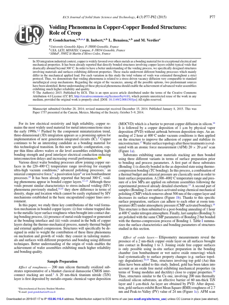 Gondcharton, P Et Al (2015) Voiding Phenomena in Copper-Copper Bonded ...
