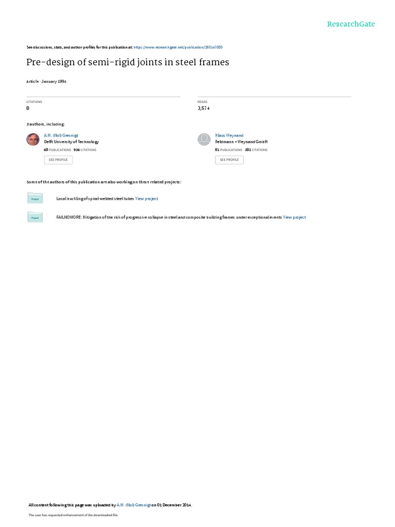 Pre-Design of Semi-Rigid Joints in Steel Frames: January 1994 | PDF ...