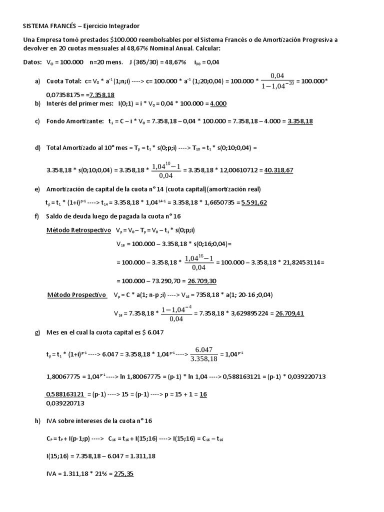 Sistema Francés-Ejercicio Integrador | PDF | Amortización (Negocio) | Deuda