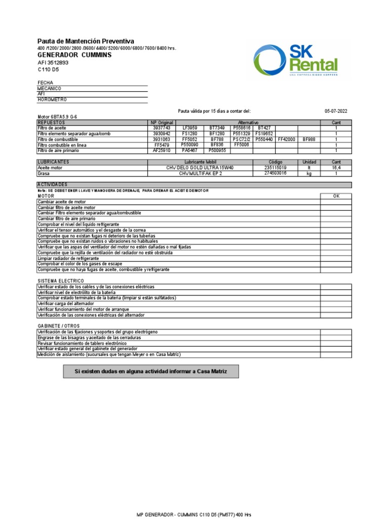 Pauta de Mantención Preventiva Generador Cummins: AFI 3512893 C110 D5 ...