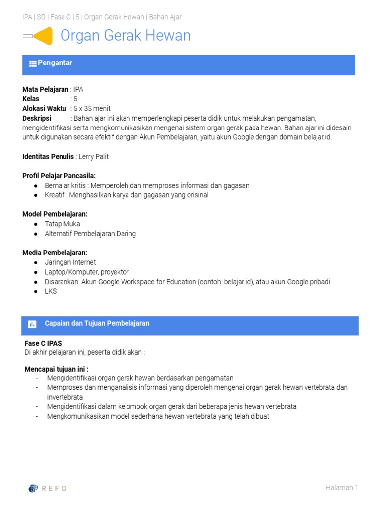 IPA - Bahan Ajar - 5 - Organ Gerak Hewan Refo | PDF