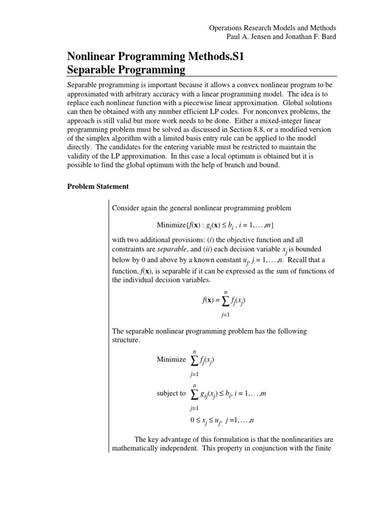 Nonlinear Programming Methodss1 Separable Programming Problem Statement Pdf Mathematical 