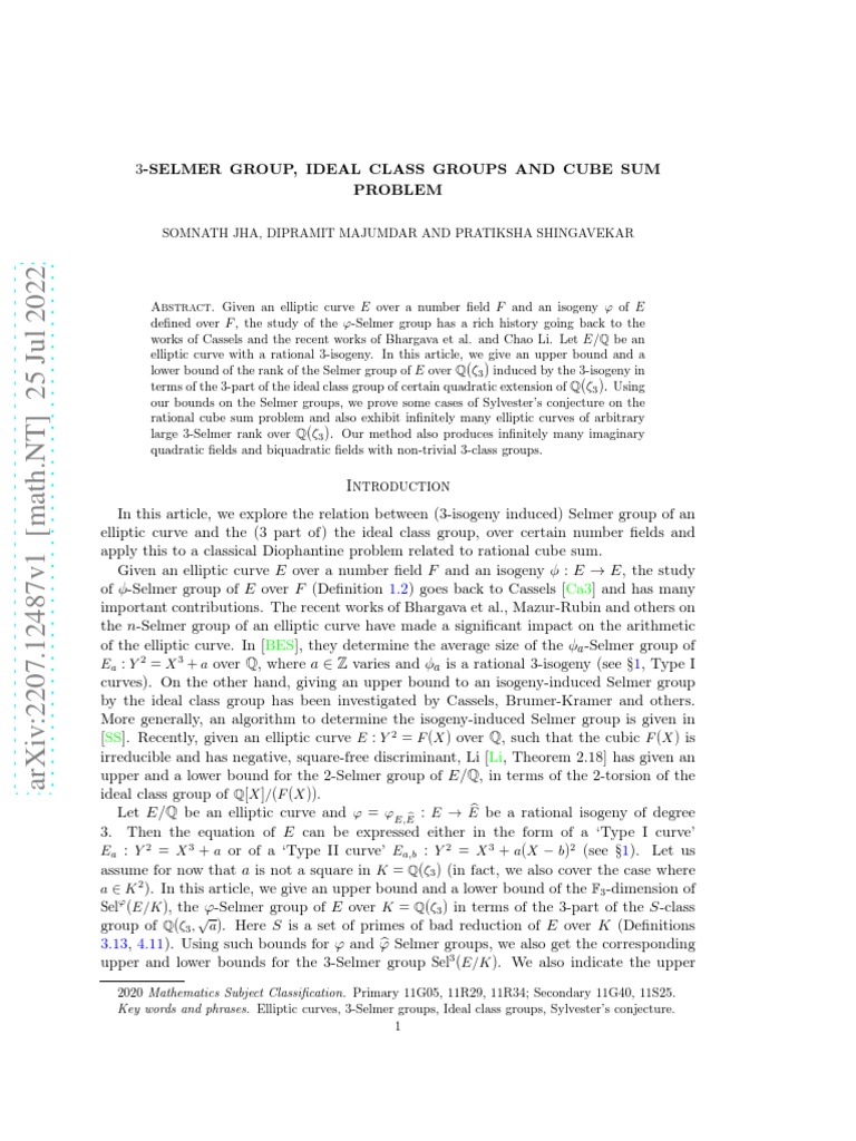 3-Selmer Group, Ideal Class Groups and Cube Sum Problem | PDF | Field (Mathematics) | Prime Number