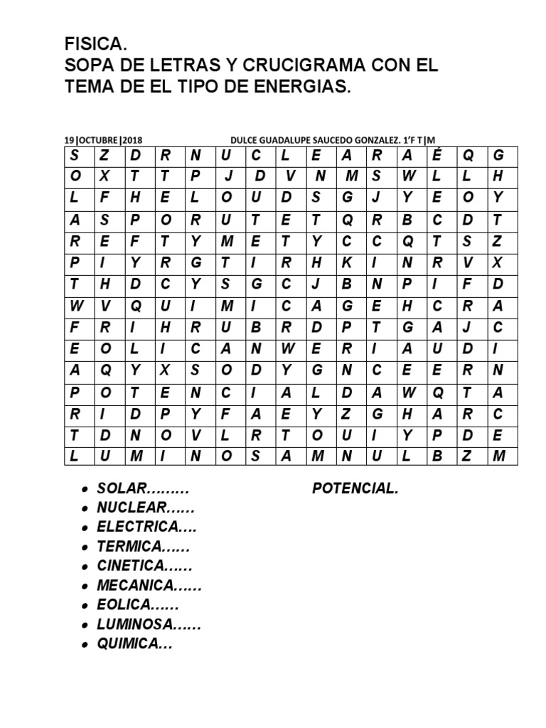Sopa de Letras y Crucigrama Energías | PDF | Física | Química
