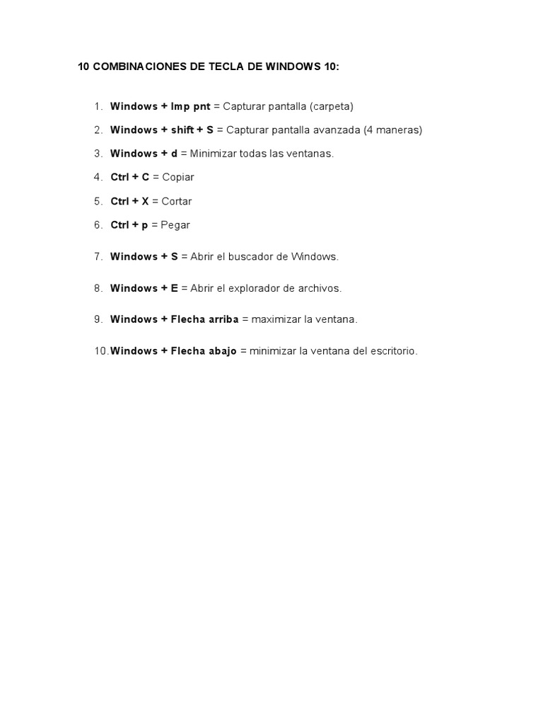 Combinaciones de Tecla de Windows 10 | PDF