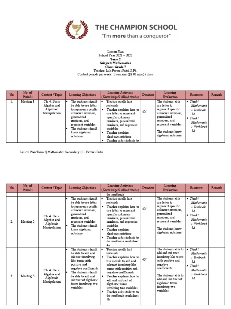 Math Lesson Plan G7 Term 2 (2021-2022) | PDF | Factorization | Equations