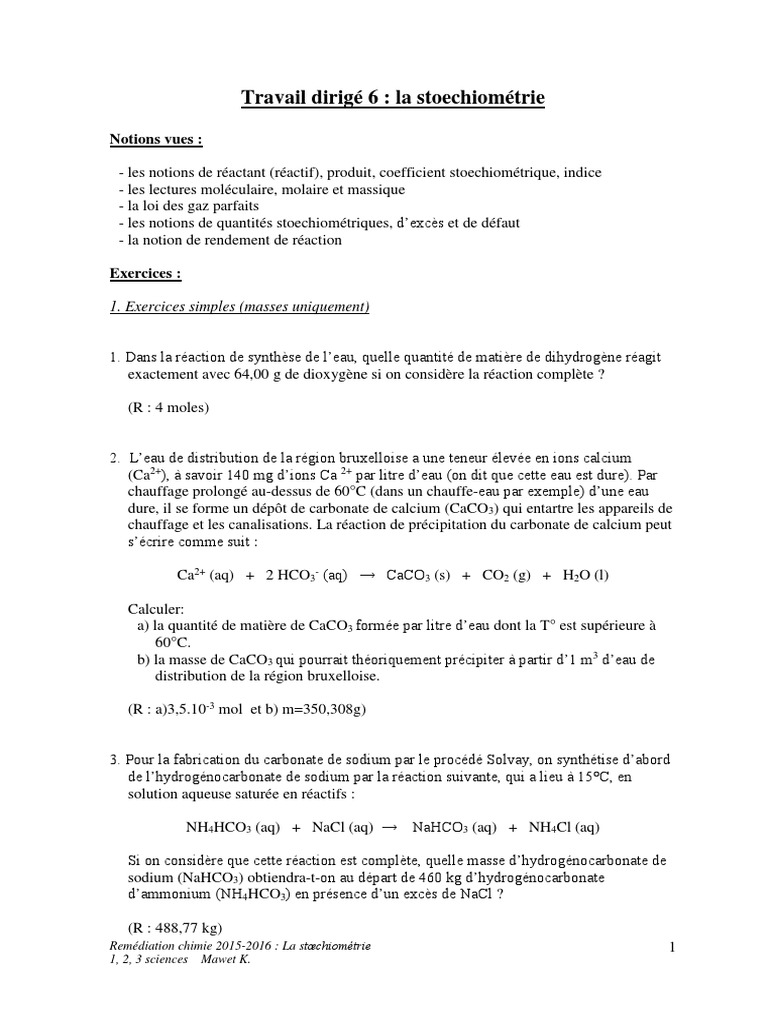 TD6 Stoechio 1516 | PDF | Stœchiométrie | Molécules