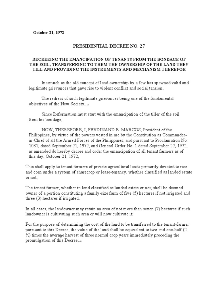 PD 27 | PDF | Decree | Government