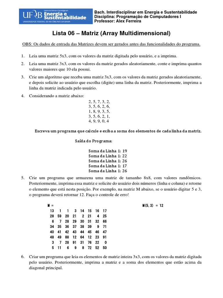 Lista 6 MATRIZ | PDF | Matriz (Matemática) | Algoritmos