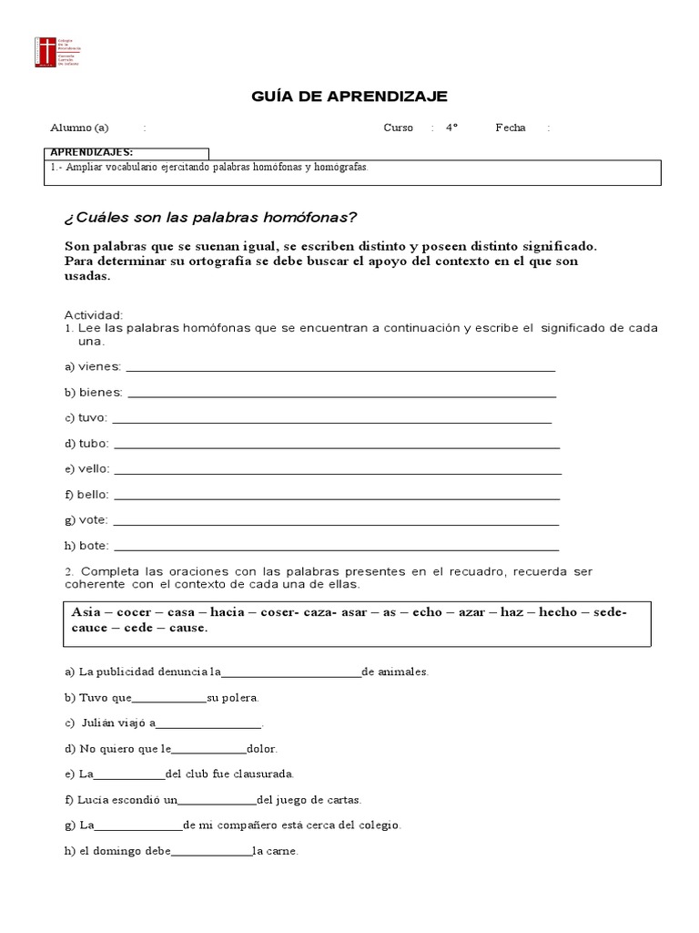 Actividades de Homófonos y Homógrafos | PDF