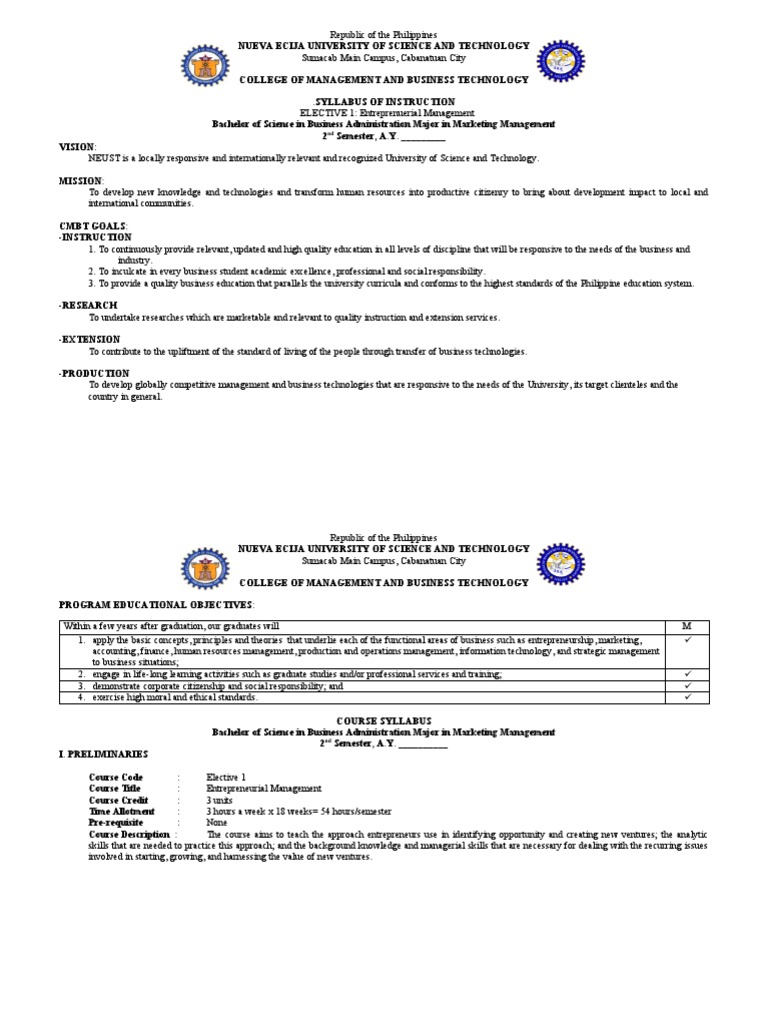 Elective 1: Entrepreneurial Management Syllabus | PDF ...