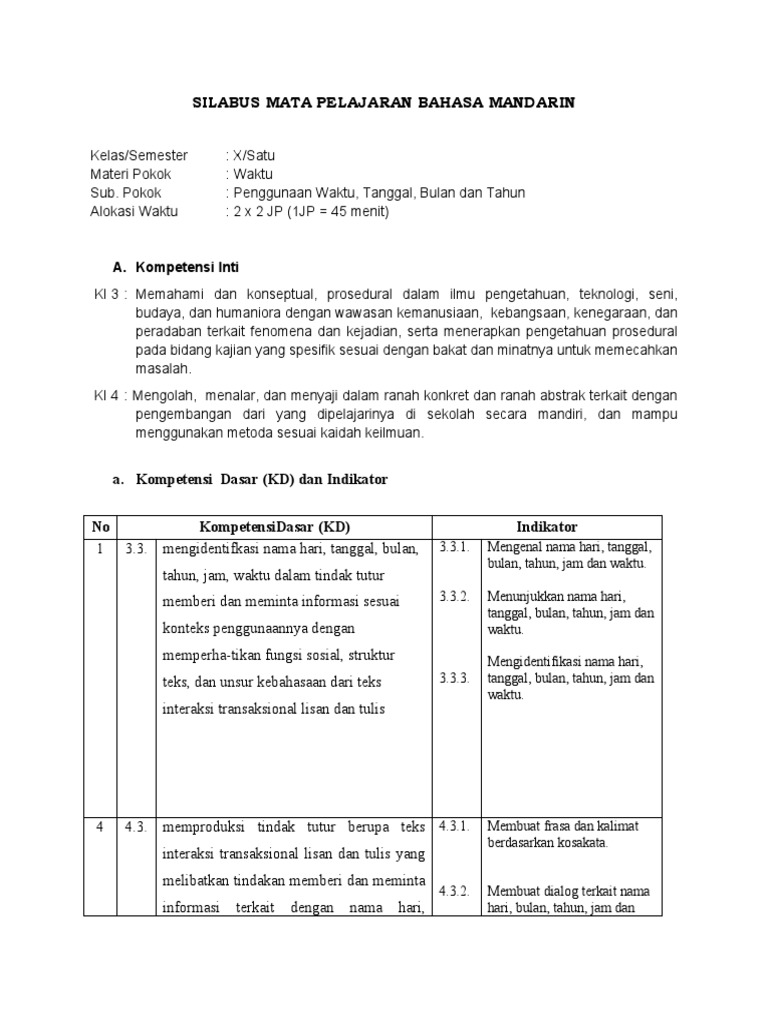 Silabus Mata Pelajaran Bahasa Mandarin | PDF