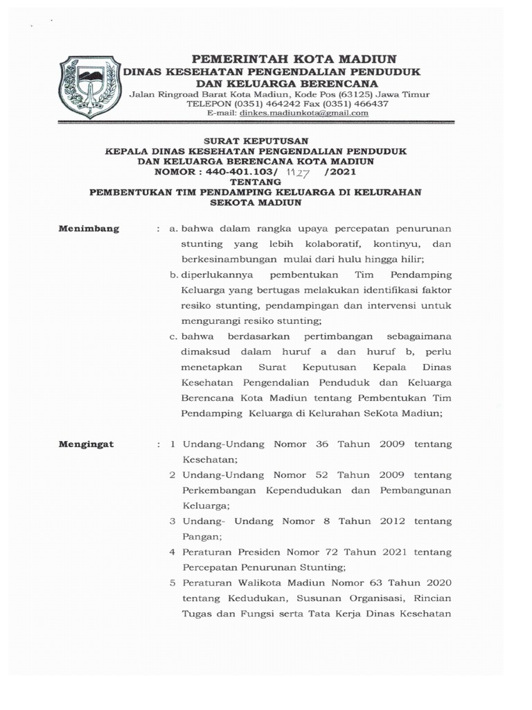 SK Tim Pendamping Keluarga Stunting Kota Madiun Rev | PDF
