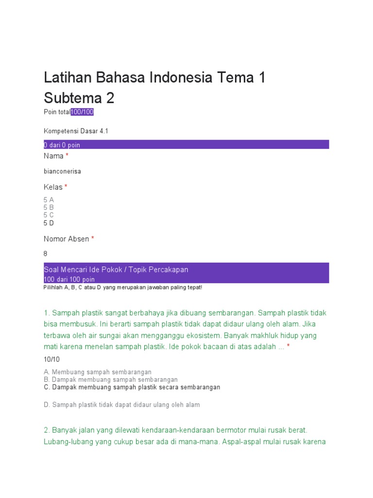 Latihan Bahasa Indonesia Tema 1 Subtema 2 | PDF