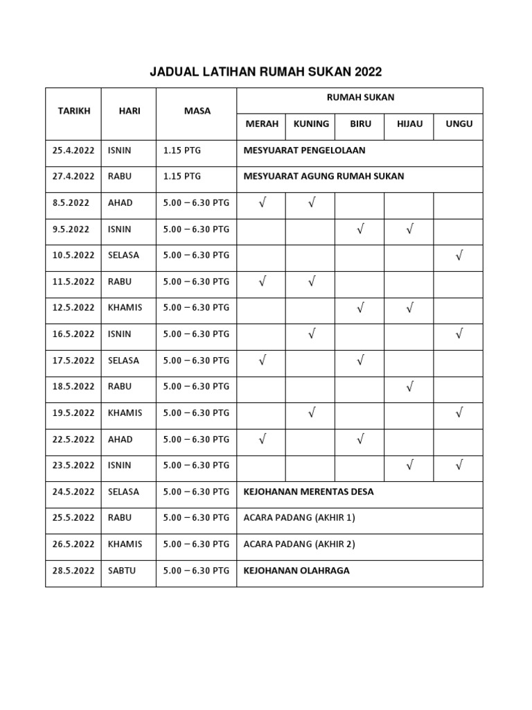 Jadual Latihan Rumah Sukan | PDF