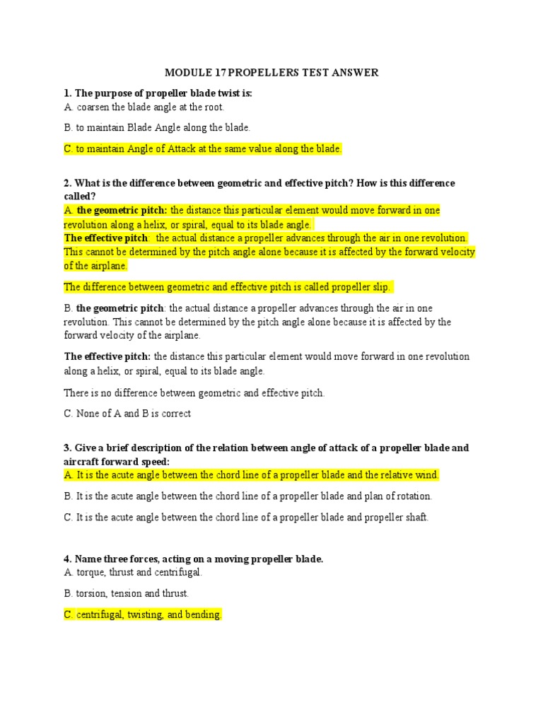 Module 17 Propellers Test Answer | PDF | Helix | Propeller