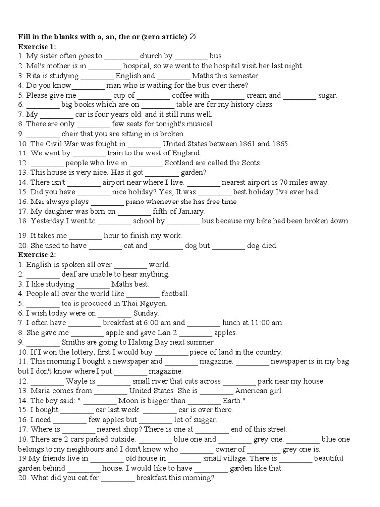 Determining Articles in Fill-in-the-Blank Grammar Exercises | PDF