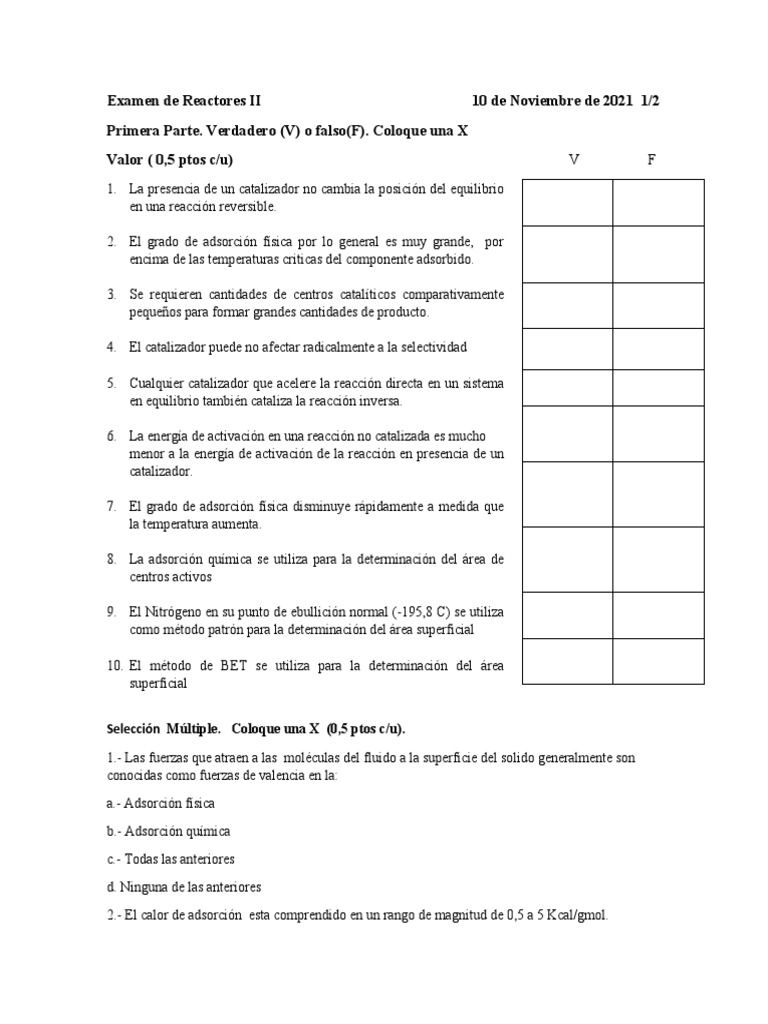Examen de Reactores II | PDF | Adsorción | Catálisis