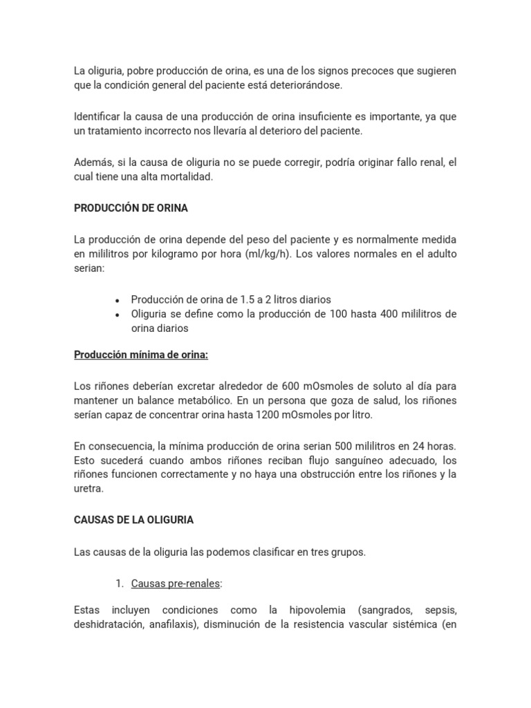 Oliguria: Definición y Causas Médicas | PDF | Riñón | Vejiga urinaria