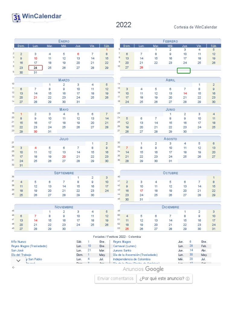 Calendario 2022 Con Festivos y Selector de Fecha - CO | PDF