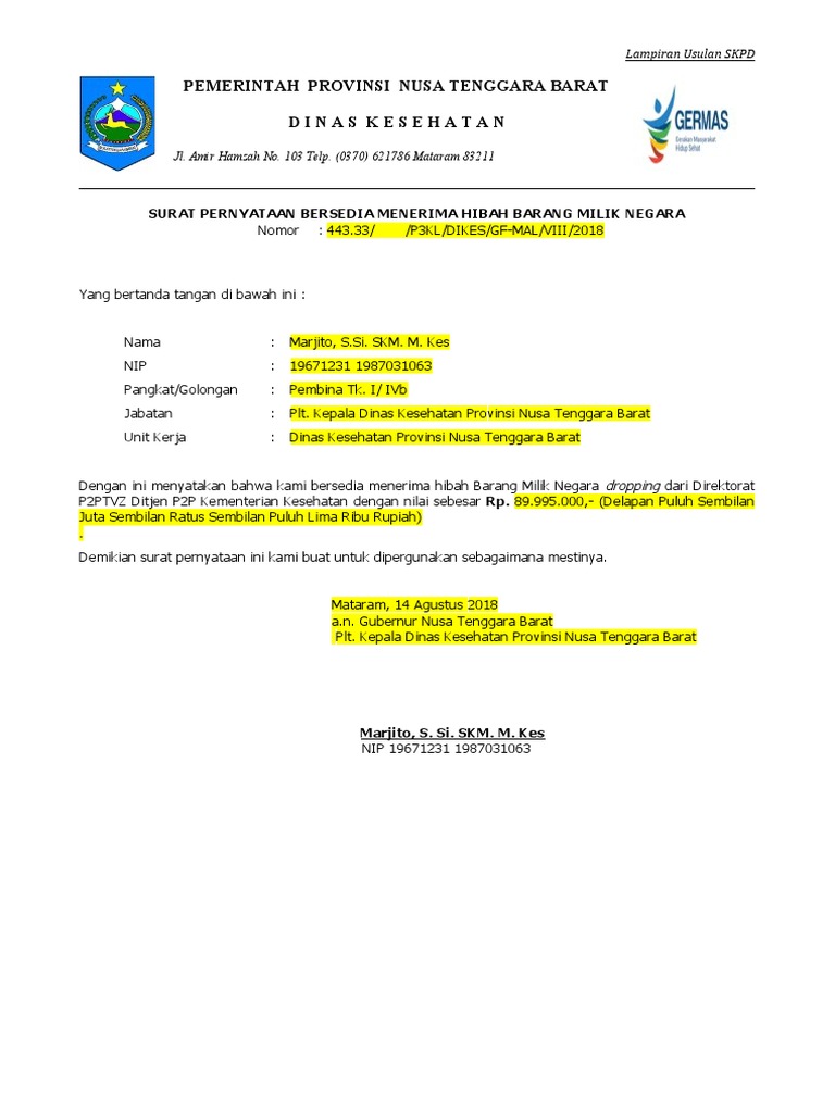 Surat Pernyataan Hibah Barang Negara | PDF