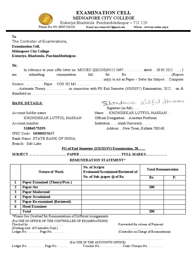 Midnapore City College PG Exam Remuneration Bill | PDF | Payments | Banking